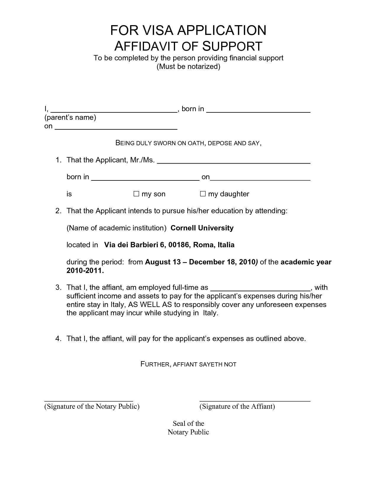 Affidavit Of Support Format For Student Visa Affidavit Of Support Format For Student Visa